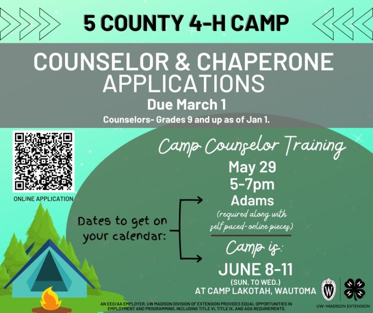 Five County 4-H Camp Counselors and Chaperone Information – Extension Green Lake County